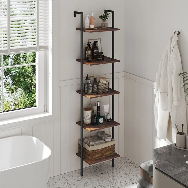 5 TIER WALL Leaning Ladder Shelf Bookshelf Wooden Storage Display ...