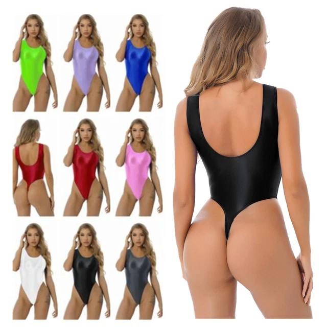 DAMEN BODY GLÄNZEND Bodysuit Ärmellos Catsuit High Cut Stringbody Schwimmanzug EUR 10,51 ...