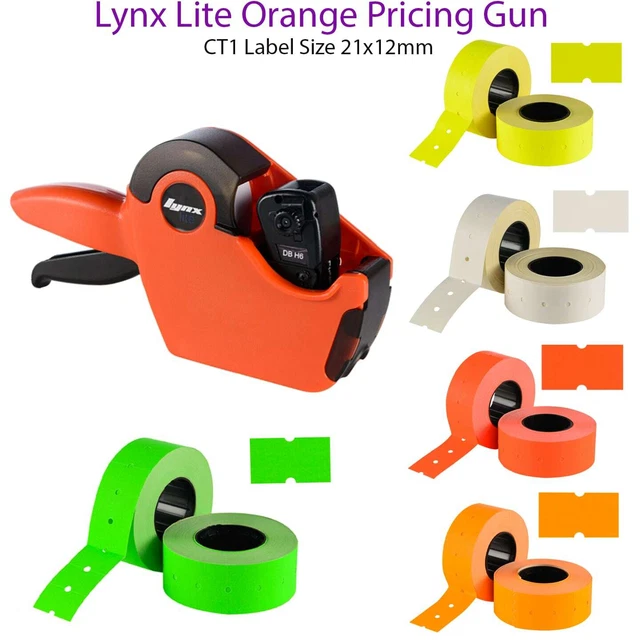 BRAND NEW ORANGE Price Gun + Label Lynx CT1 21x12mm Price Gun Labels– 5 ...