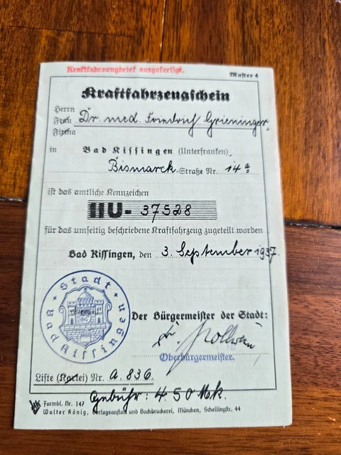 KFZ BRIEF KRAFTFAHRZEUGBRIEF Fahrzeugschein 1937 Daimler Benz Typ 230 N ...