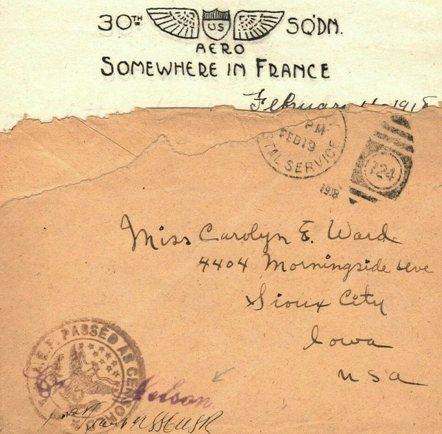 USAF AIR FORCE WW1 Cover *30th SQUADRON AERO*LETTERHEAD Censor 1918 ...