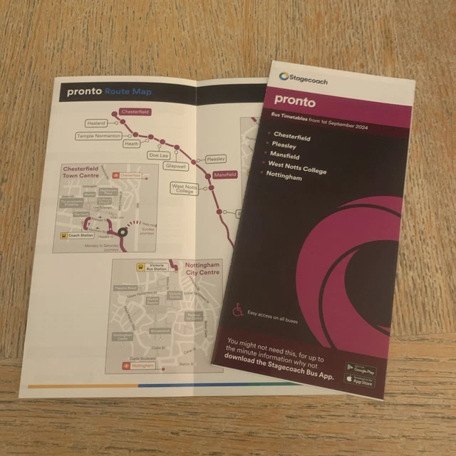 STAGECOACH EAST MIDLANDS: pronto route timetable and map Sep 2024 £2.64 ...