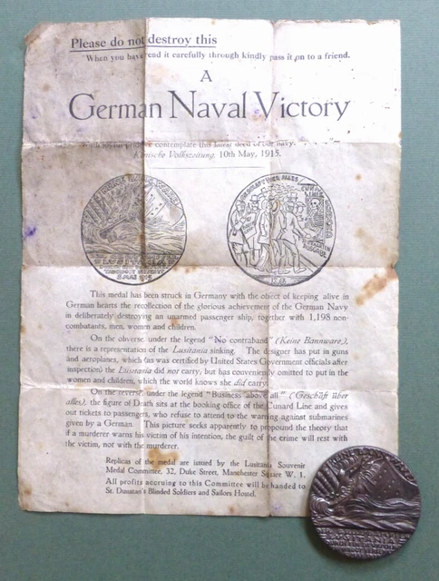 WW1 LUSITANIA MEDAL Original 1915 British Made German Propaganda Medal ...