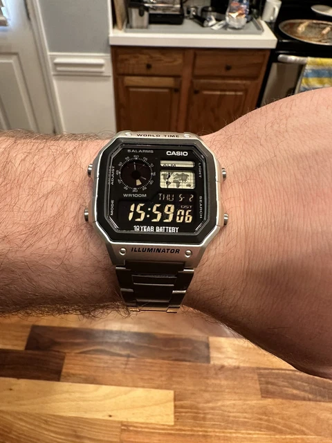 CASIO WORLD TIME AE-1200WH da uomo personalizzato inox flip schermo ...