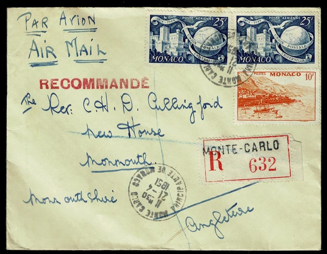 1951 REGISTERED AIRMAIL Cover - Monte-Carlo Monaco 60f rate to Monmouth ...