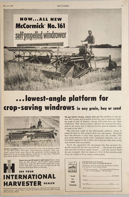 1956 PRINT AD International McCormick Self Propelled Windrower Chicago ...