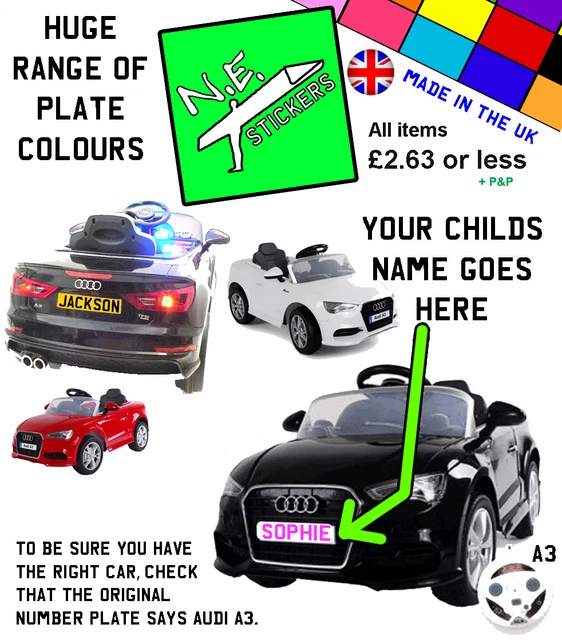 PERSONALISED KIDS NUMBER plates to fit ELECTRIC 12V Audi A3 toy car ...