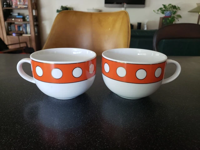 2 RARE JONATHAN Adler Mod Dot Coffee Mugs Cups Orange White Modern Dots ...