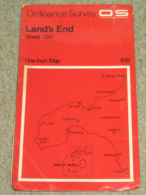 VINTAGE OS ORDNANCE Survey 1" map - Sheet 189 Land's End - 1966 edition ...