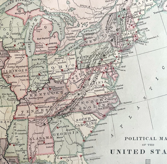 1879 POLITICAL MAP United States America Victorian Geography 1st ...