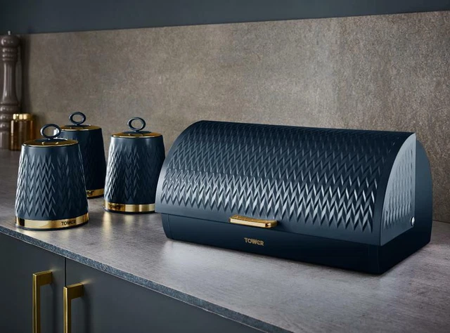 TOWER EMPIRE BREAD Bin & Canister Set Midnight Blue & Brass Kitchen ...