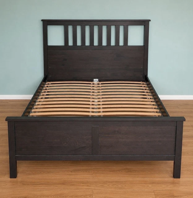 IKEA DOUBLE BED Frame Dark Brown Wood Slatted Base Headboard ...