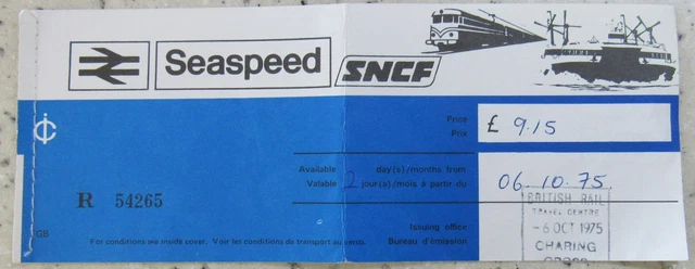 1975 SNCF FRANCE Railway Seaspeed Hovercraft Passenger Ticket Receipt ...