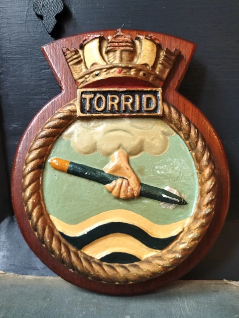 VINTAGE HMS TORRID Ship Crest Shield,Royal Navy Wood Gesso Wall Plaque ...