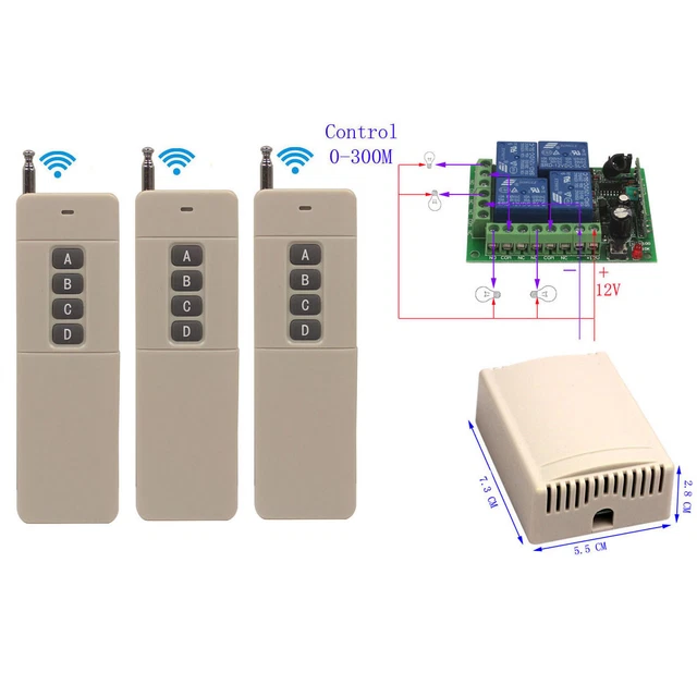 12V WIRELESS 4 Channel RF Remote Control Switch Relay 300M Motor light ...