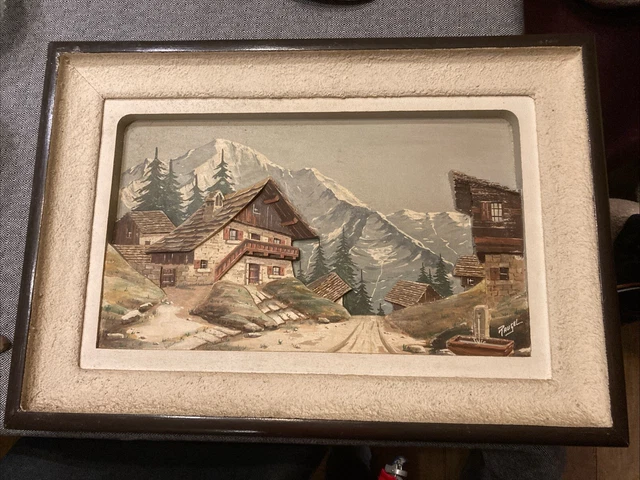 GRAND TABLEAU VINTAGE En Relief Chalet Alpage Montagne Bois Sculpté Signé Raugel EUR 50,00 ...