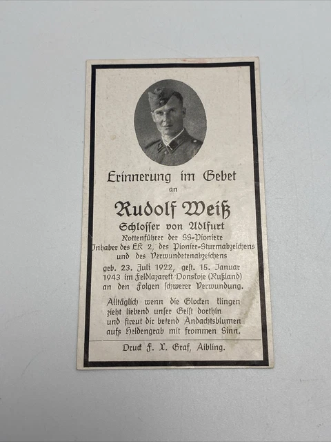 WW2 GERMAN DEATH Card SS Panzer Pioneer KIA 15/01/1943 Russia £26.00 ...