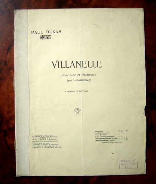 PARTITION ANCIENNE 1906 Villanelle de Paul Dukas Cor & orchestre 1 ...