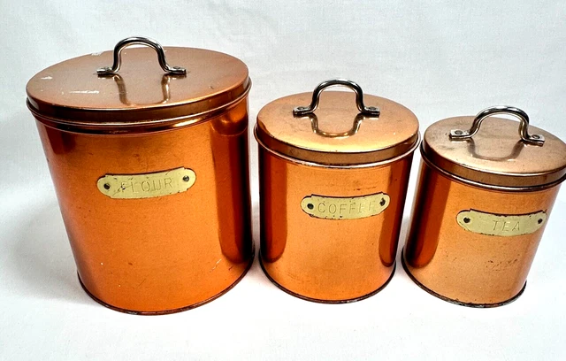 VINTAGE CHEINCO COPPER Colored Canister Set of 3 Tins Flour Coffee Tea ...
