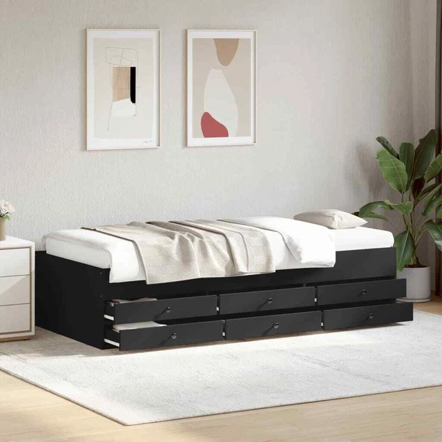BEDROOM SOFA BED Wood Frame Drawers Single Bed No Mattress Black Room ...