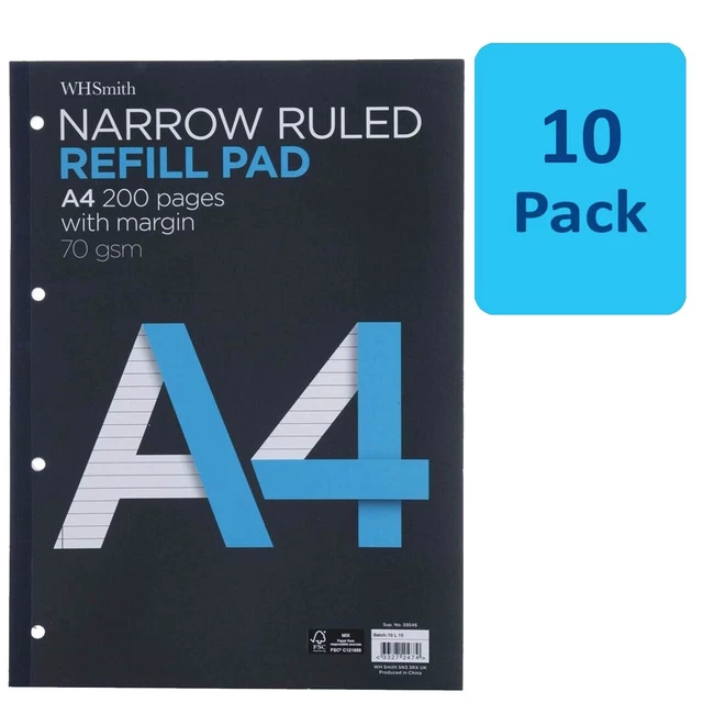 10 X WHSMITH A4 White Narrow Ruled With Margin Refill Pad 200 Pages £31 ...