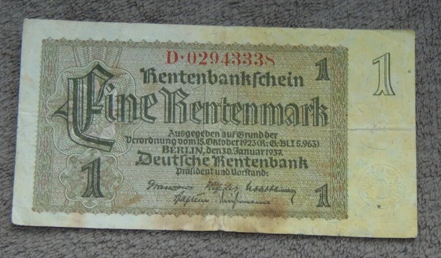 GELDSCHEINE, BANKNOTEN, EIN Rentenbankschein über Eine Rentenmark, 1937 ...