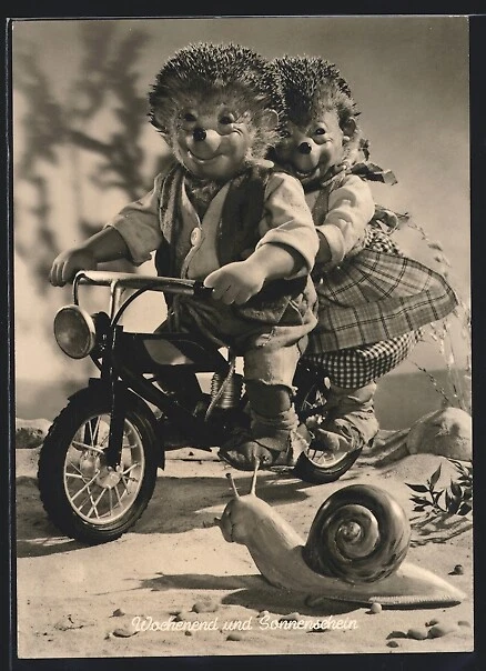 MECKI FÄHRT MIT seiner Frau auf dem Motorrad, Ansichtskarte 1960 EUR 5 ...