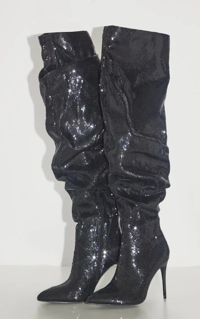 PRETTY LITTLE THING Black Point Toe Sequin Over Knee Stiletto Boots ...