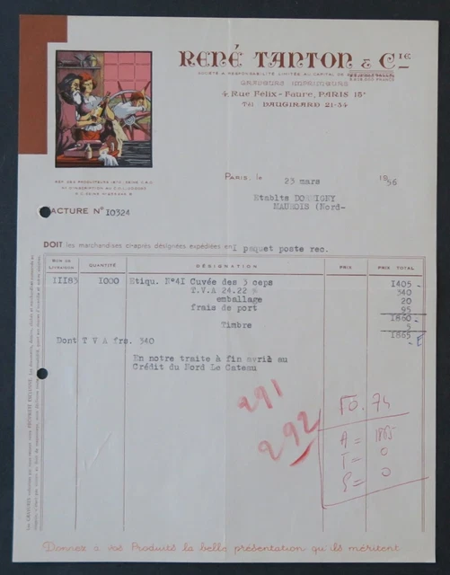 1956 INVOICE PRINTER ENGRAVER RENE TANTON PARIS illustrated header 38 £ ...