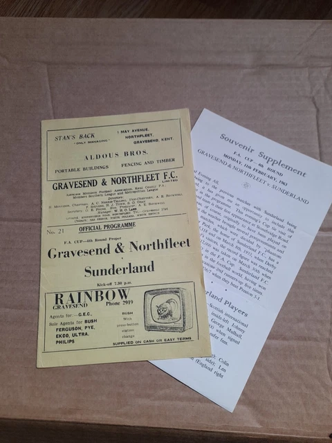 GRAVESEND AND NORTHFLEET FC V SUNDERLAND AFC 11th FEB 1963 , FA CUP 4TH ...