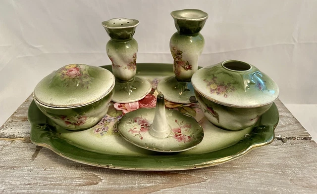 ANTIQUE PRETTY GREEN Floral Decorated Ceramic Dressing Table Set ...