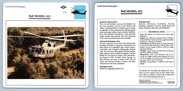 BELL MODEL 412- Land Based - Warplanes Collectors Club Card $2.33 ...