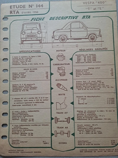 FICHE TECHNIQUE AUTOMOBILE RTA VESPA 400 T et L N° 144 1958 EUR 5,59 ...