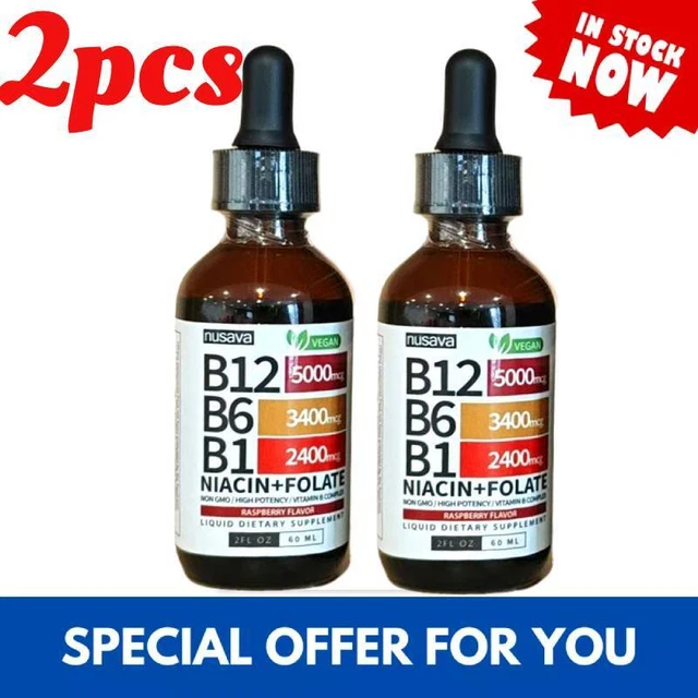 2 VITAMIN B12 Raspberry Liquid Supplement Drops with B6, B1, Niacin ...