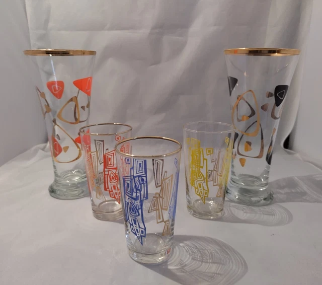 VINTAGE ATOMIC 1950'S-60'S drinking glasses Retro Multi-coloured and ...