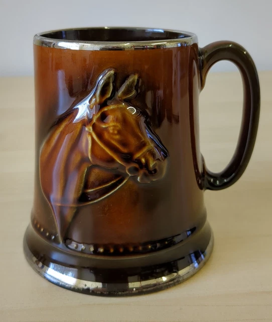 VINTAGE SYLVAC HORSE Head Tankard 2343 Brown Glaze Silver Rim Mug ...