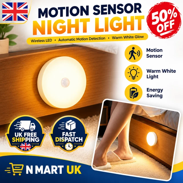 LED MOTION SENSOR Night Light Wireless PIR Cabinet Closet Stair Bedroom ...