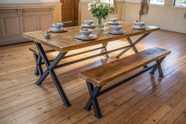 INDUSTRIAL STYLE CROSS frame rustic dining table and benches X frame £ ...