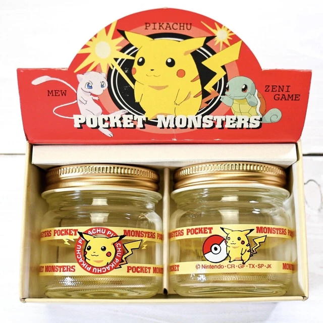 VINTAGE ANNÉES 90 Pokemon Pikachu Glass Jar Paire Set w/Box Inutilisé D ...