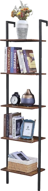 LADDER SHELF OPEN Bookshelf 5-Tier Wall-Mounted Wood Bookcase Storage ...