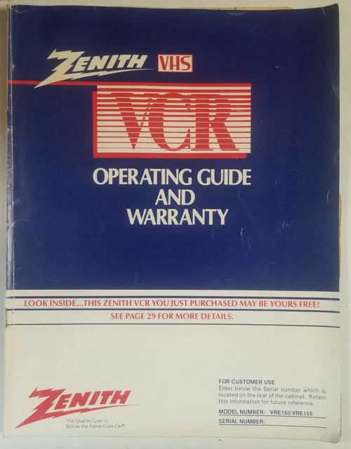VINTAGE ZENITH VHS Operating Guide And Warranty Model Number VRE150 ...
