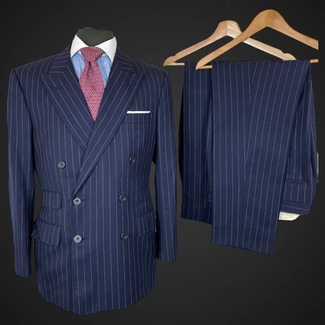 BESPOKE SAVILE ROW Suit 38/39 33” Double Breasted Navy Blue Pinstripe ...
