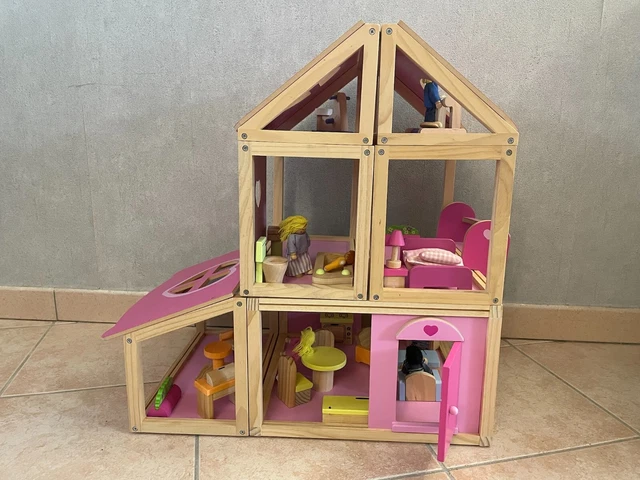 GRANDE MAISON POUPÉE avec mobiliers et personnages en bois modulable état neuf EUR 80,00 ...