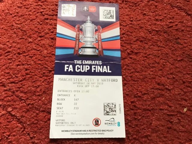 ORIGINAL TICKET FA Cup Final 2019 Manchester City v Watford at Wembley ...