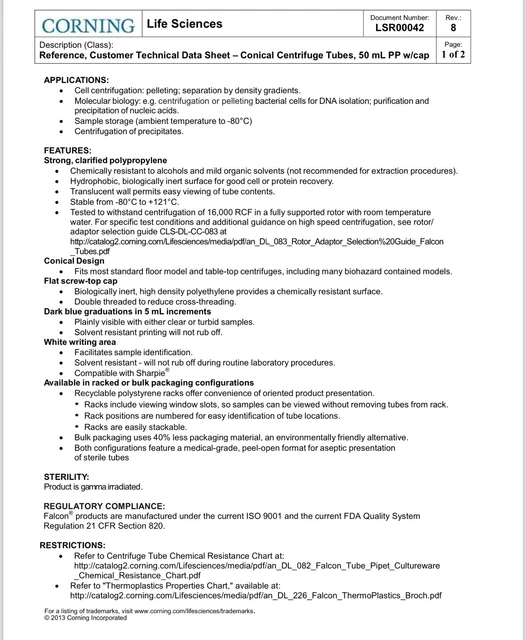 CORNING® FALCON® 50ML PP Centrifuge Tubes Conical Sterile 25/Pack ...