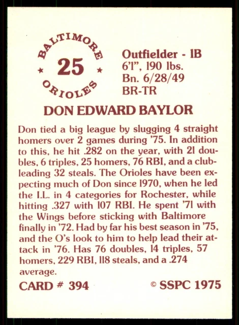 1976 FSSPC DON Baylor Baltimore Orioles #394 EUR 1,86 - PicClick FR