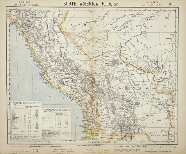 ANTIQUE MAPOF SOUTH America - Map of Peru - Bolivia - Letts´s Popular ...