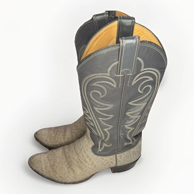 VINTAGE JUSTIN COWBOY Boots 8527 Gray Leather Elephant Print Mens Size ...