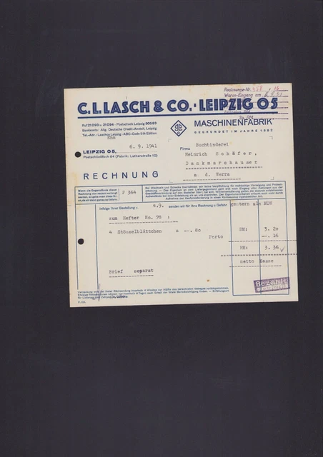 LEIPZIG, RECHNUNG 1941, C. L. Lasch & Co. Maschinen-Fabrik EUR 14,99 - PicClick DE