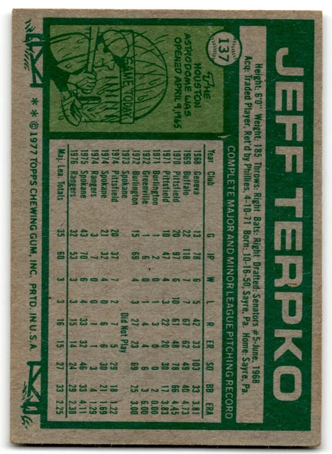 1977 TOPPS JEFF Terpko recrue Texas Rangers #137 EUR 1,38 - PicClick FR